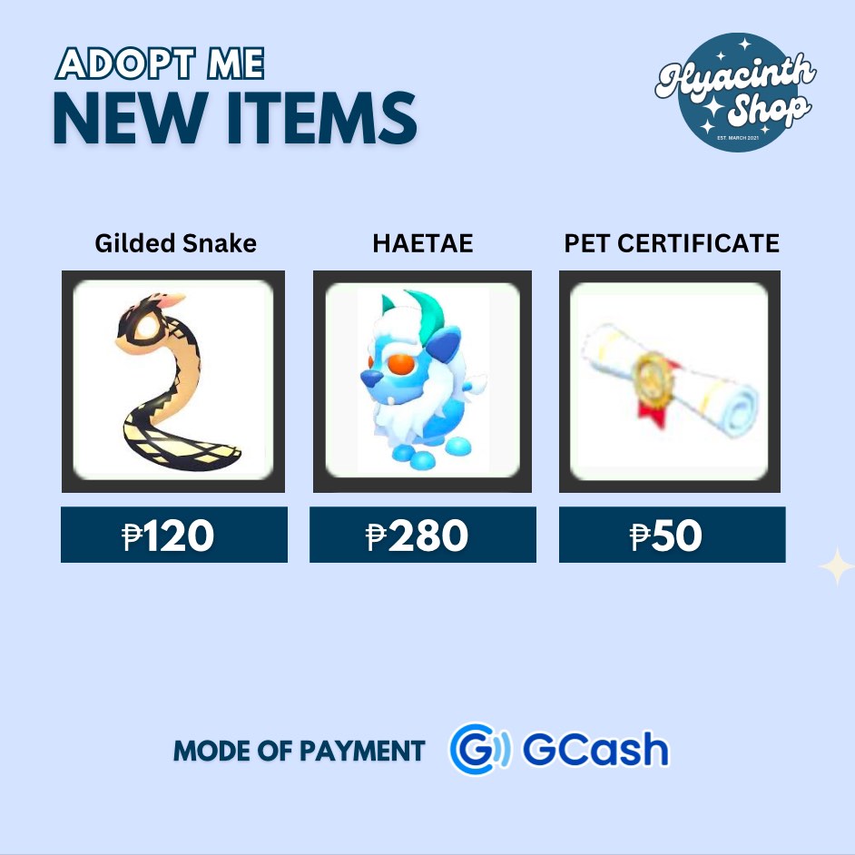 NEW ITEMS Adopt Me (Gilded Snake, Haetae, Pet Certificate), Hobbies ...