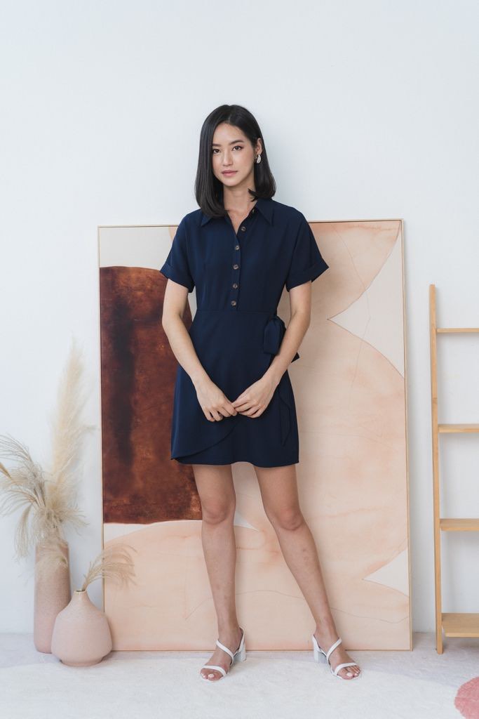 TSW Louisa Button Overlap Dress in Navy, Women's Fashion, Dresses ...