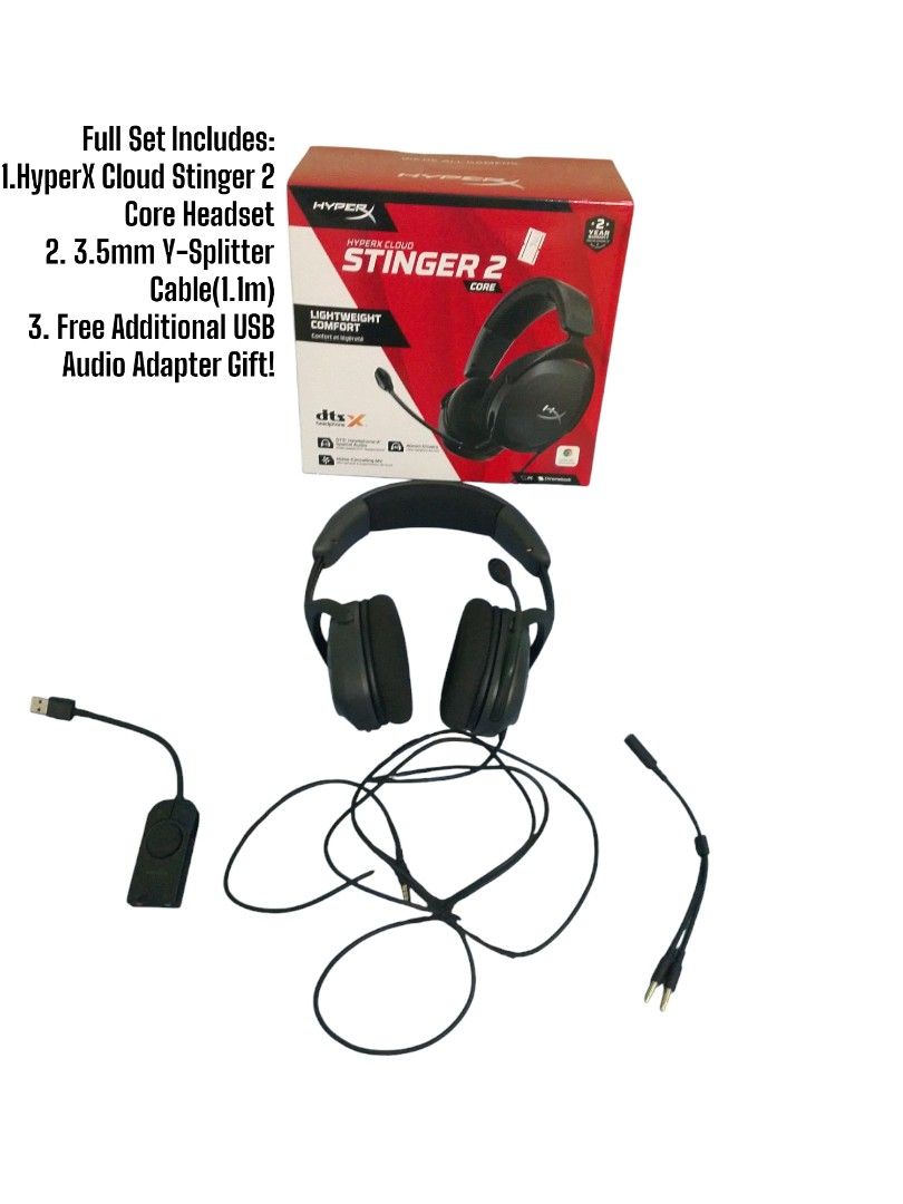 HyperX Cloud Stinger Core 2 + 3.5mm Splitter & Free USB Adapter, Audio ...