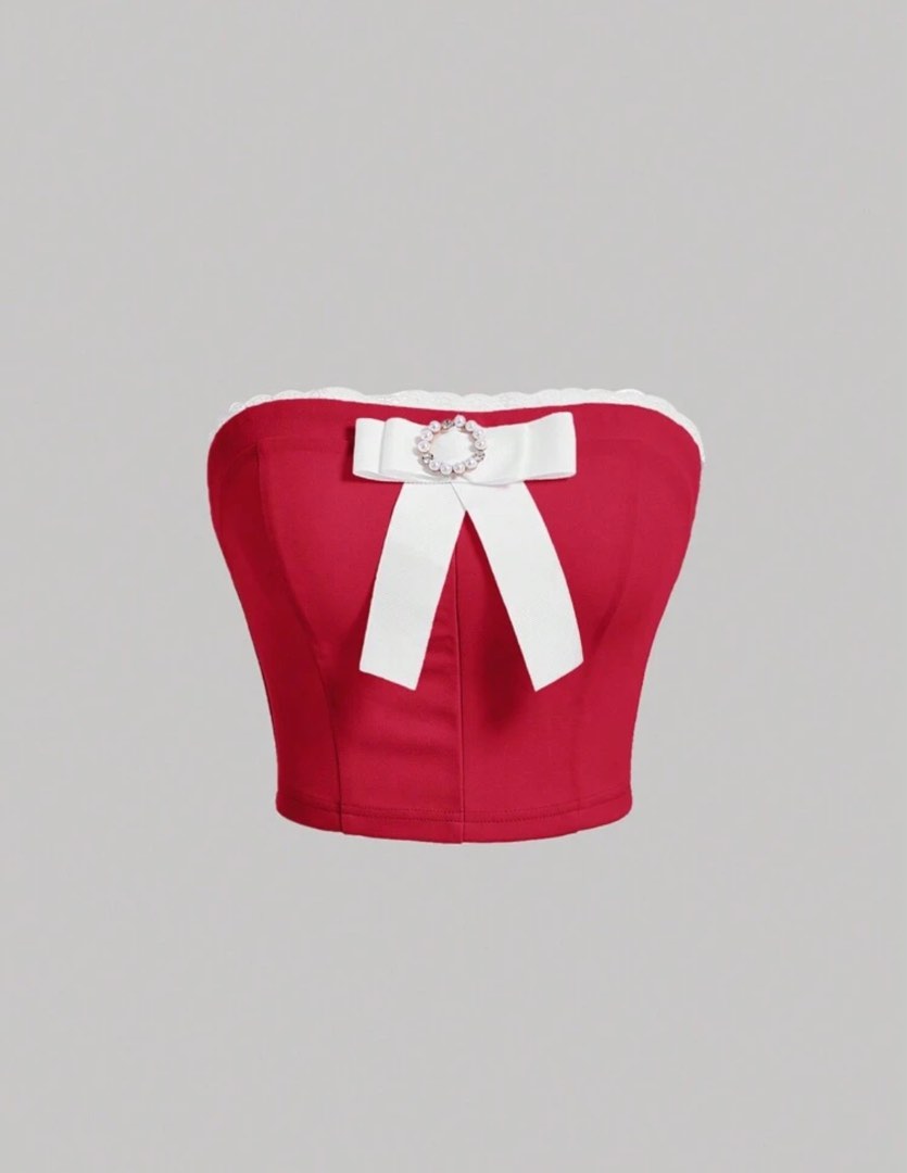 SHEIN MOD Red Bow Front Tube Crop Top, Women's Fashion, Tops, Others ...