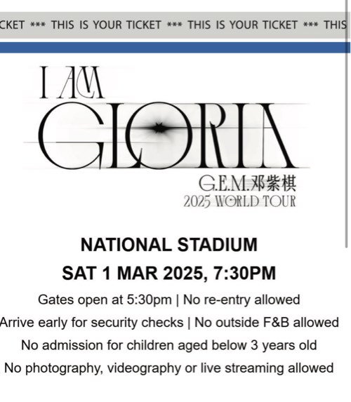 GEM Tang 邓紫棋 Deng Zi Qi I AM GLORIA Cat 4 Concert Ticket 2025 Singapore ...