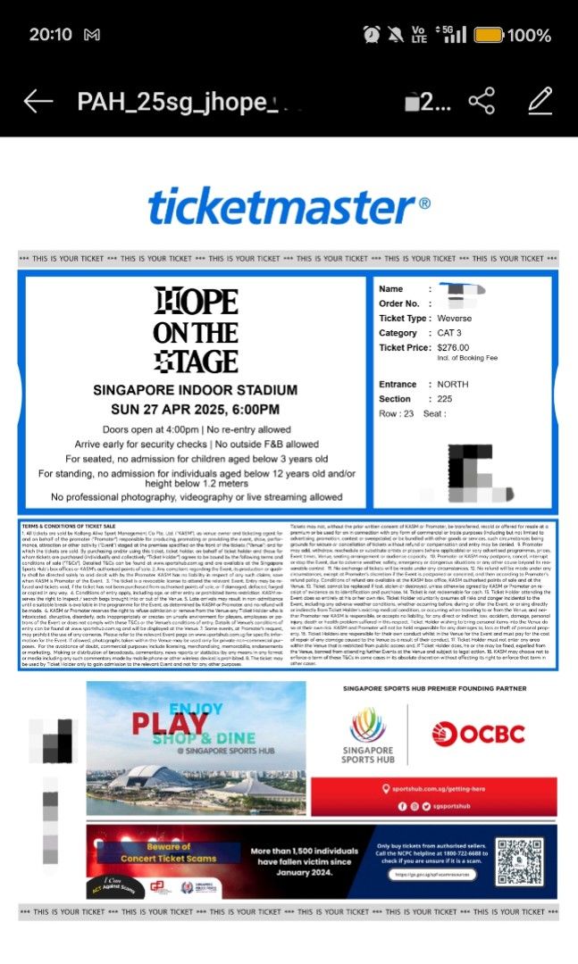 Jhope On The Stage in SG 27 Apr 2025 Cat 3 PAH ticket, Tickets ...