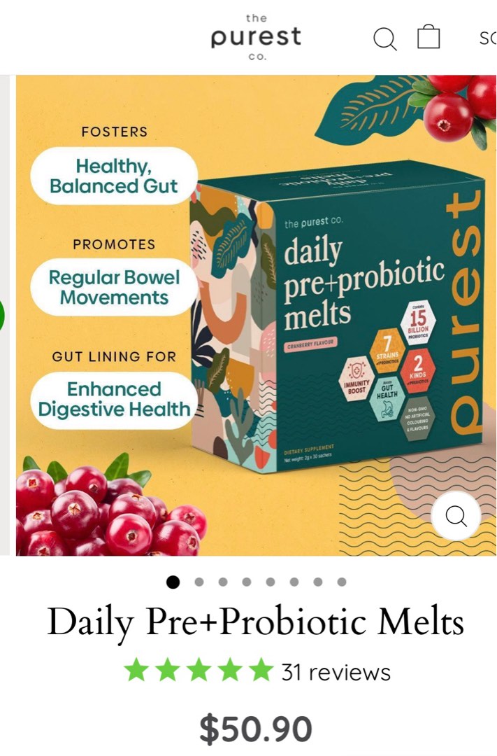 Purest Co Daily Pre+Probiotic Melts, Health & Nutrition, Health ...