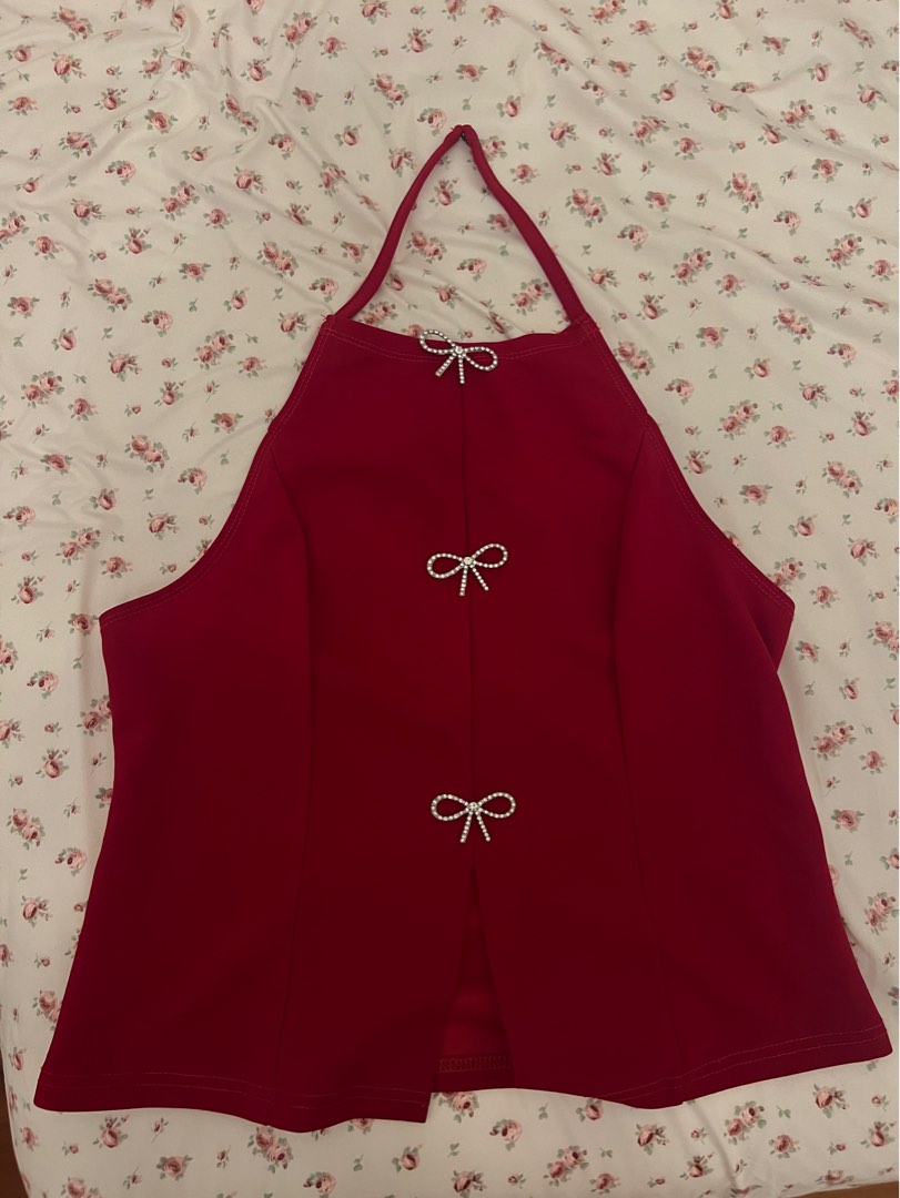 SHEIN red crystal bow backless top, Women's Fashion, Tops, Blouses on ...