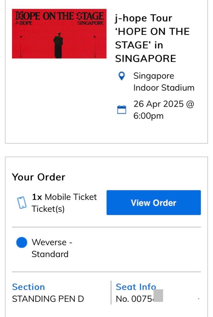 WTS j-hope Tour 'HOPE ON THE STAGE' in SINGAPORE 26 Apr, Sat CAT 1 ...