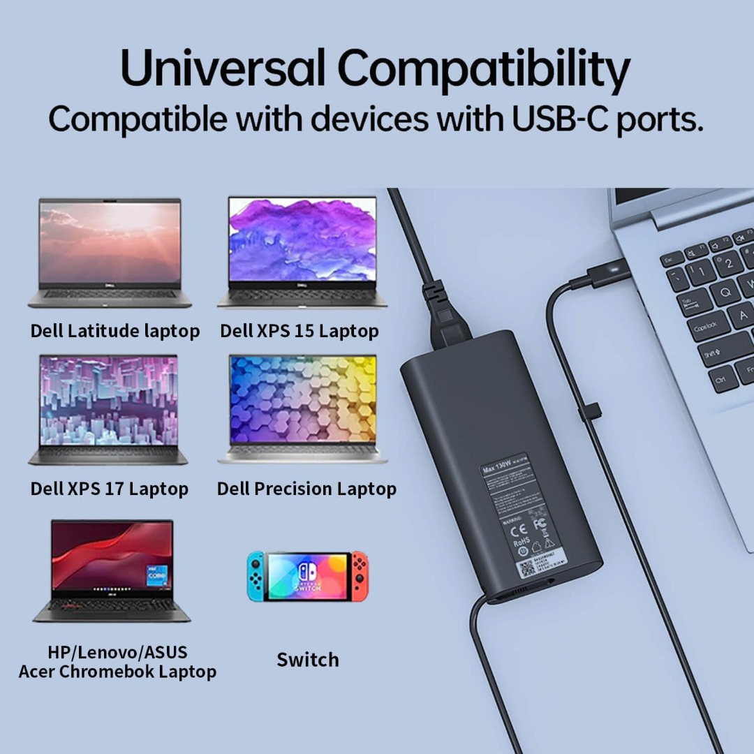 130W USB-C C 型替換適配器筆記型電腦充電器適用於戴爾宏碁華為 Macbook 三星任天堂，兼容設備 mceckp 130W USB ...