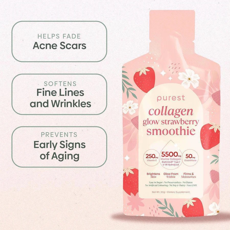 Purest Co Collagen Glow Strawberry Smoothie, Health & Nutrition, Health ...