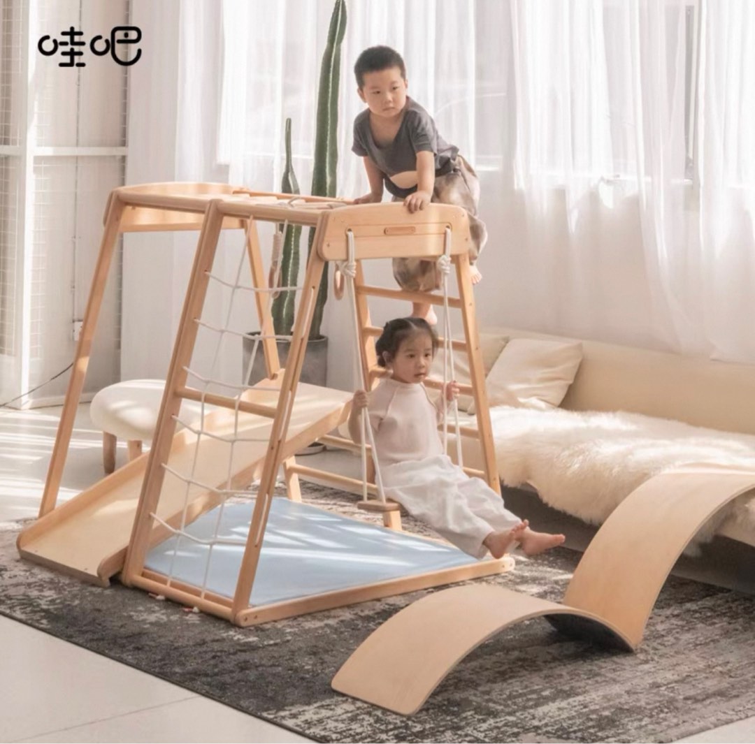 Wooden play gym slide swing pinker montessori, Babies & Kids, Infant ...