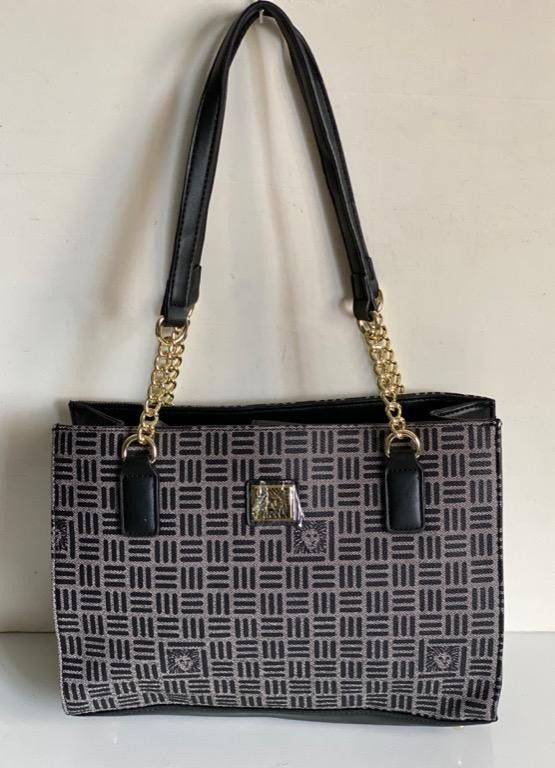 ANNE KLEIN AK LION LOGO BLACK / GRAY SHOPPER SATCHEL TOTE BAG PURSE $85 ...