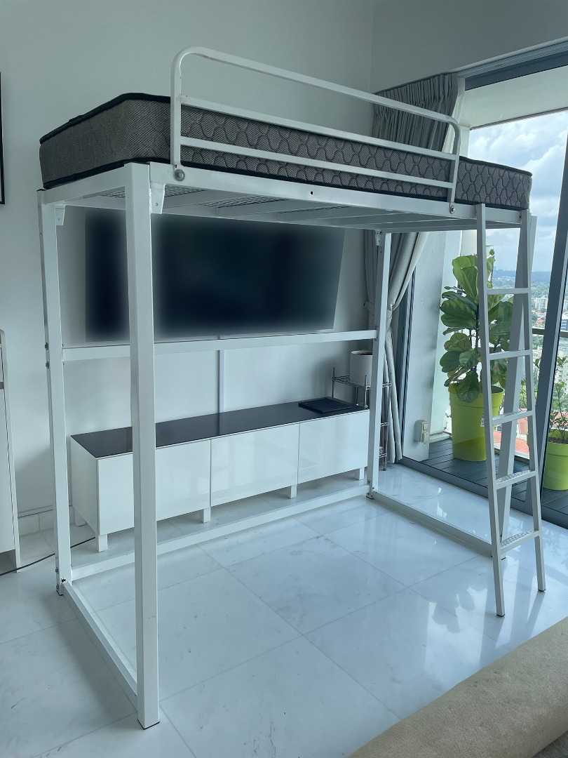 Bomb shelter helper room metal frame loft bed with mattress, 2.5 years ...