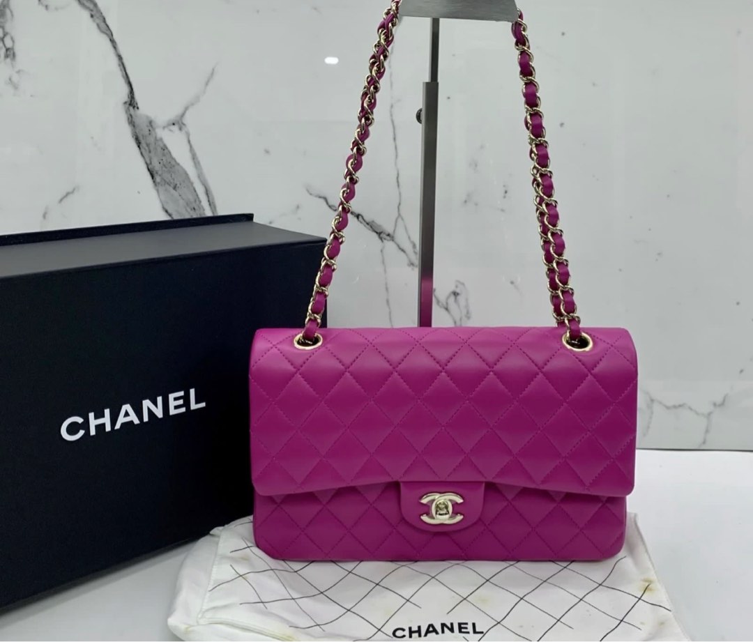 Chanel lambskin pink classic 25cm medium double flat GHW Microchipped ...