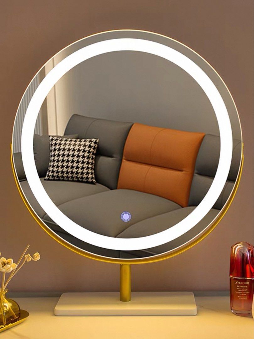 Elegant Gold mirror (50 cm) with touch sensor 3 colours light with ...