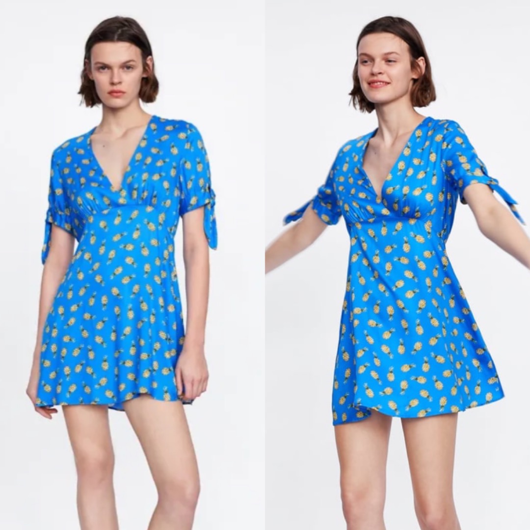 Zara Ocean Blue Pineapple Print Dress, Women's Fashion, Dresses & Sets ...