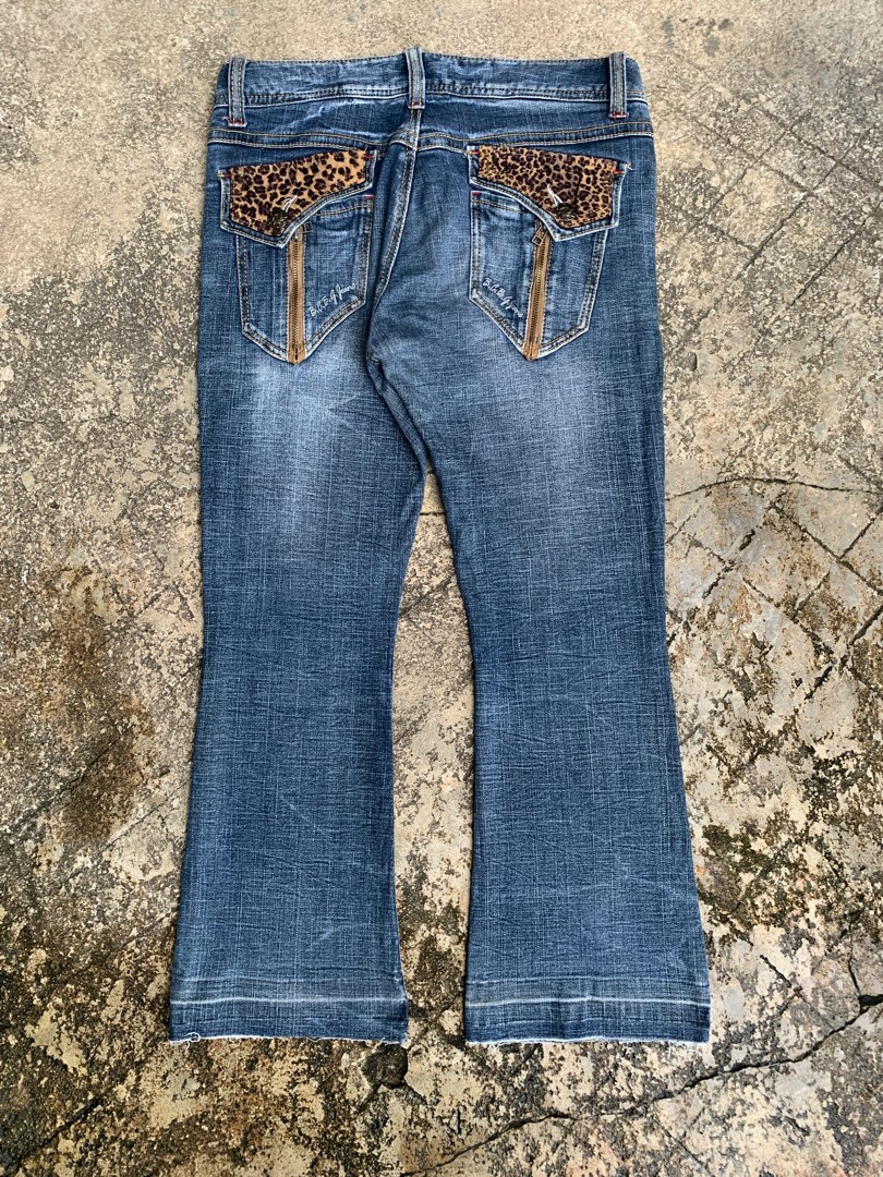 2000s b.c.b.g Japan Leopard Pocket Flared Boot cut Blue Jeans Pants, Fesyen Wanita, Pakaian ...