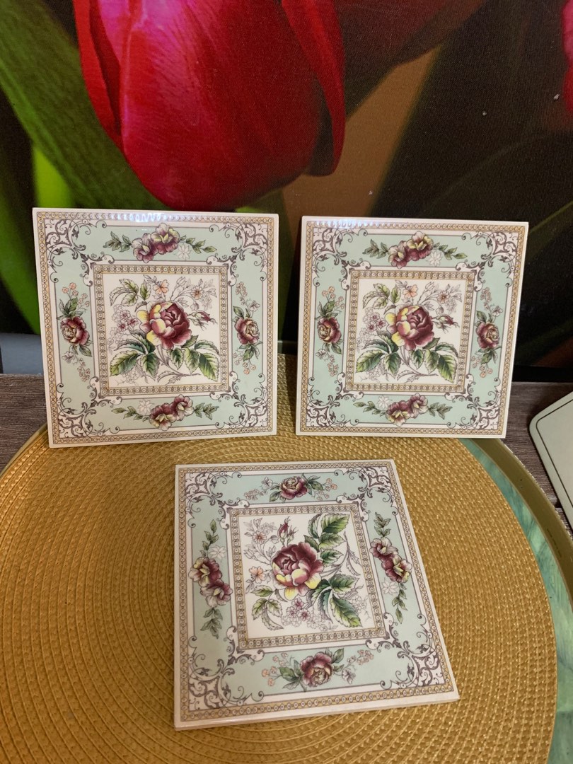 3 Large 6x6 porcelain TILES England |H & R JOHNSON Victorian Floral ...