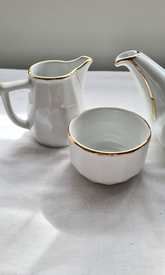 Apilco France Classic fine porcelain gold lining teapot, milk jug and ...