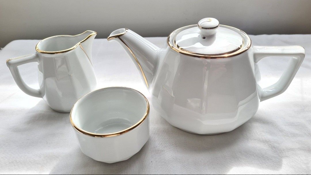 Apilco France Classic fine porcelain gold lining teapot, milk jug and ...