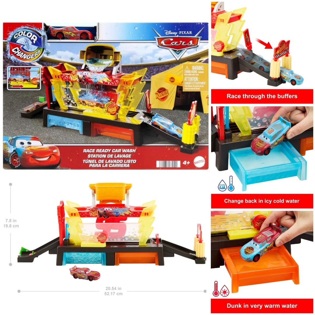 Authentic Mattel Disney Pixar Cars Race Ready Car Wash Color Changers with Lightning McQueen ...