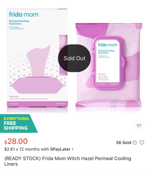 BN Frida Mom Witch Hazel Perineal Cooling Pad Liners, Babies & Kids ...