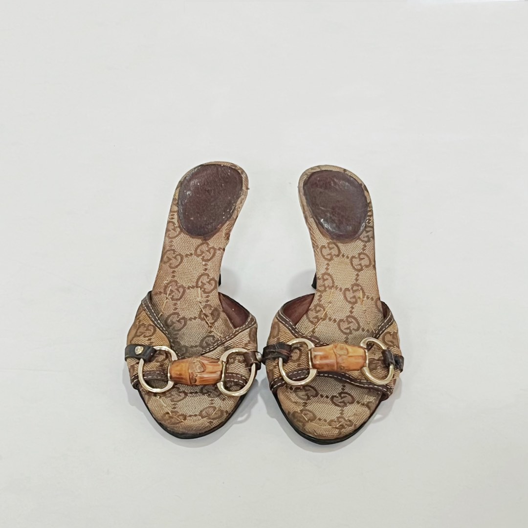 gucci tan monogram canvas guccissima gg bamboo horsebit peep mule heels ...