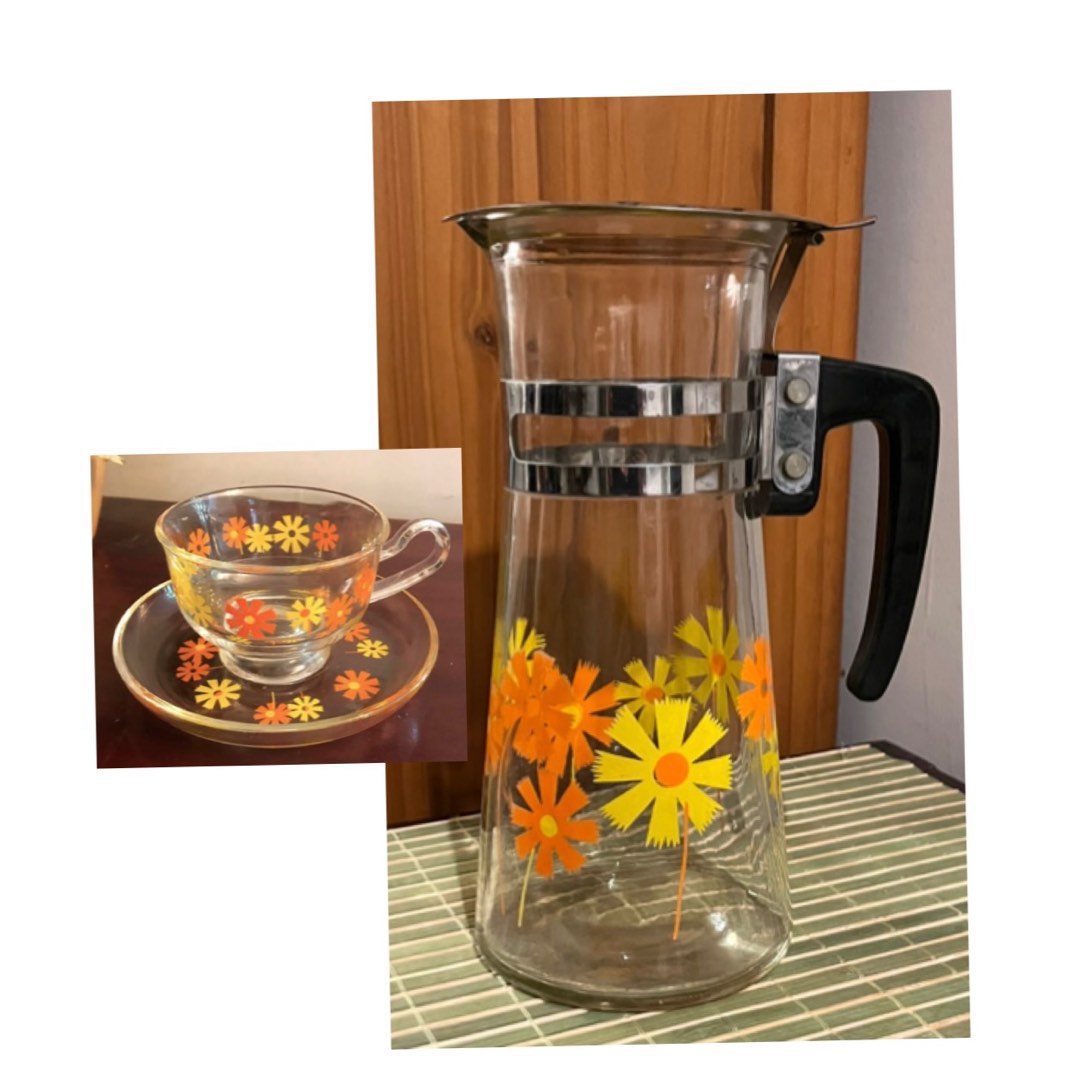 Japan vintage floral glass pitcher with stainless steel lid + 1 set ...