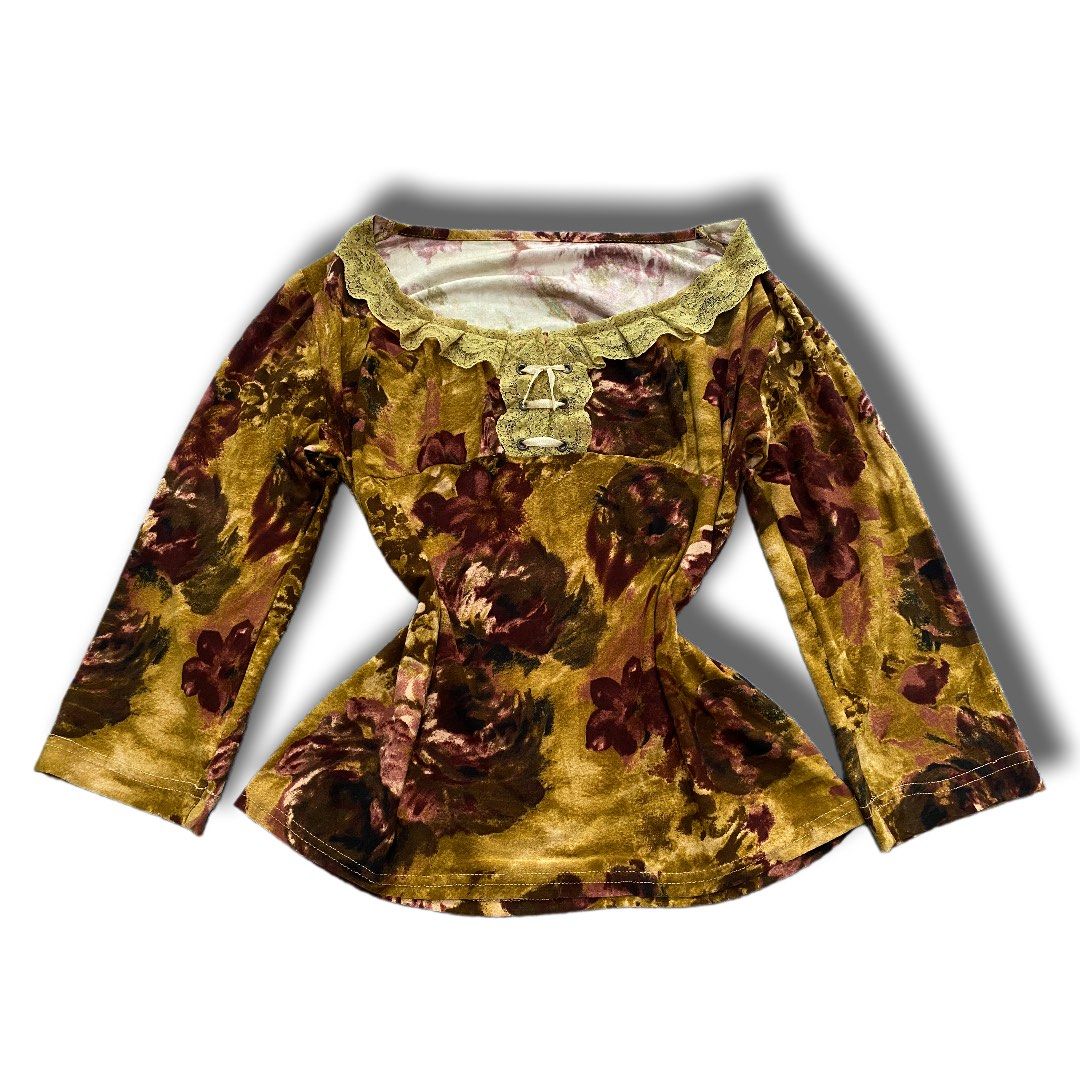 longsleeve cottagecore brown velvet floral vintage y2k green abstrak ...