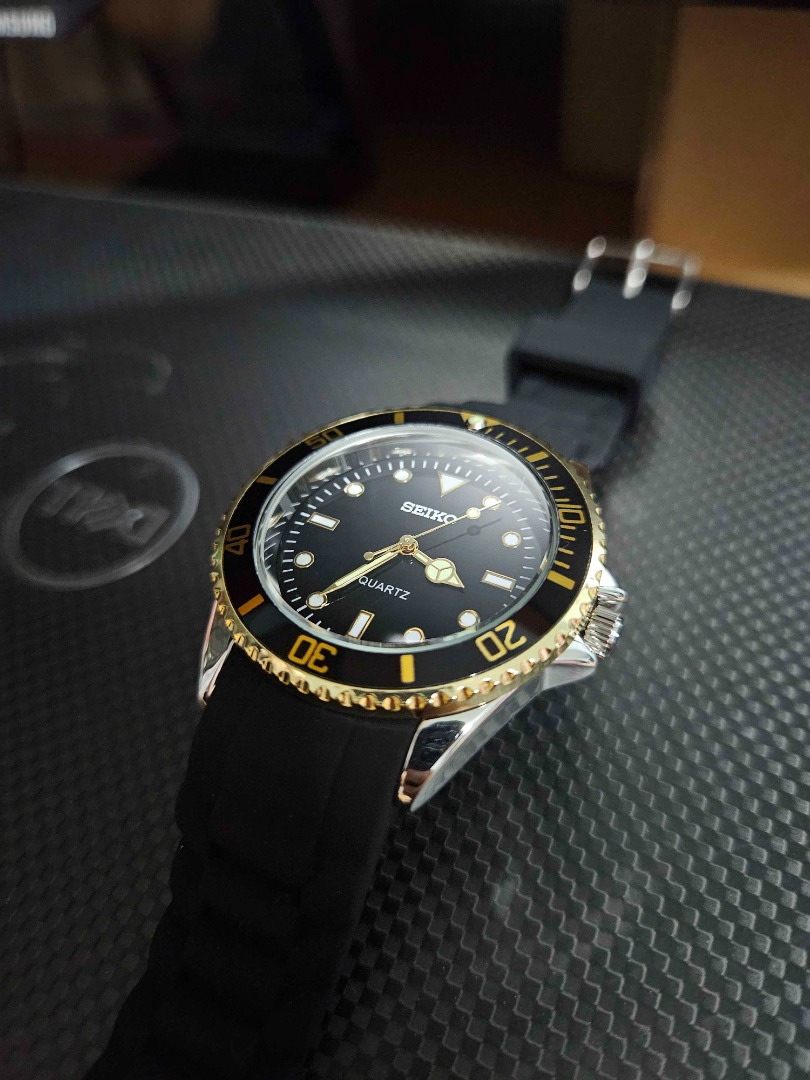 Seiko mod 2/two tone gold silver submariner homage rubber strap quartz ...