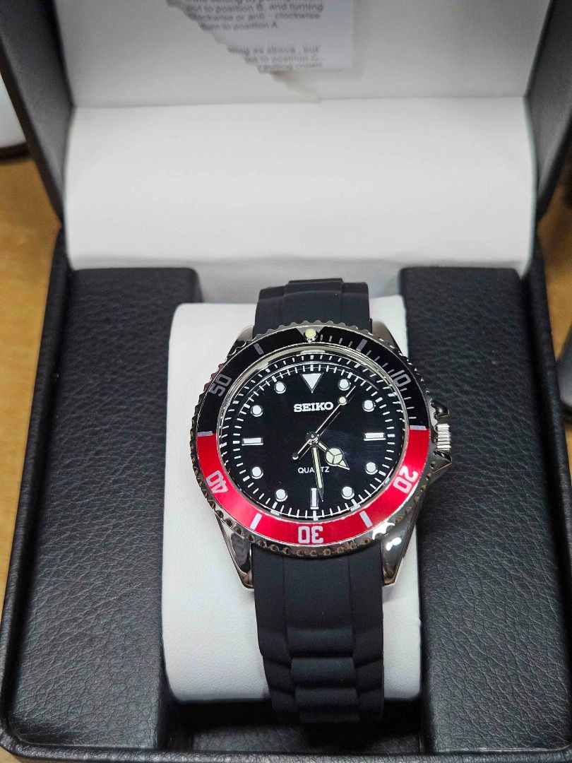 Seiko mod black red submariner rubber strap quartz PC21S watch rotating ...