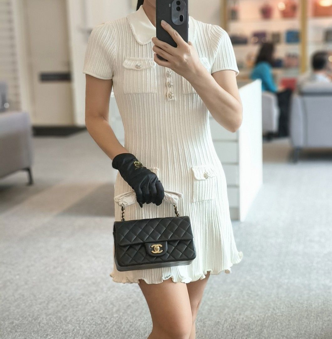 Chanel Classic Mini Rectangle Black Lamb Gold Hardware Bag Metal Plate ...