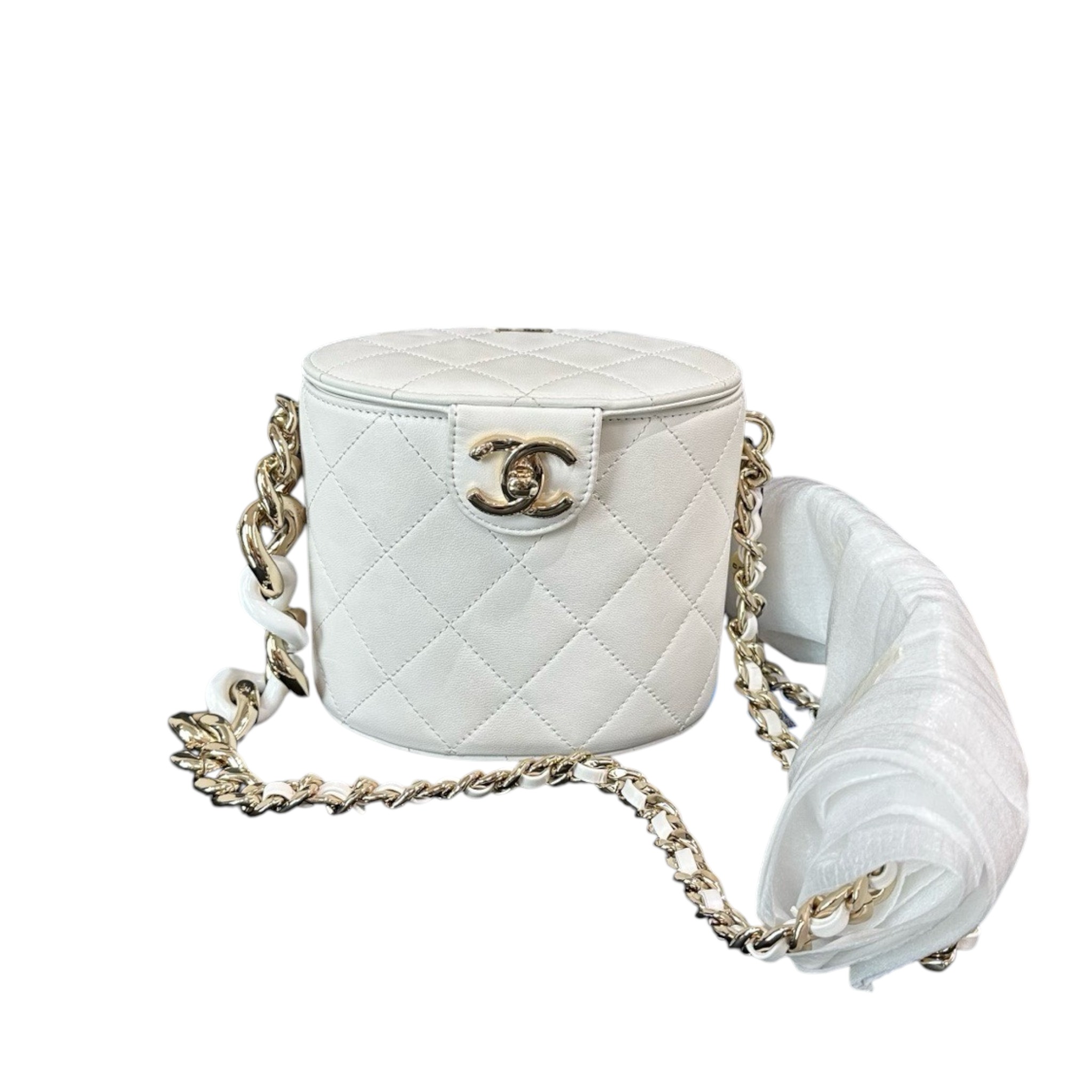 Chanel Round Vanity Case in White GHW, Luxury, Bags & Wallets on Carousell