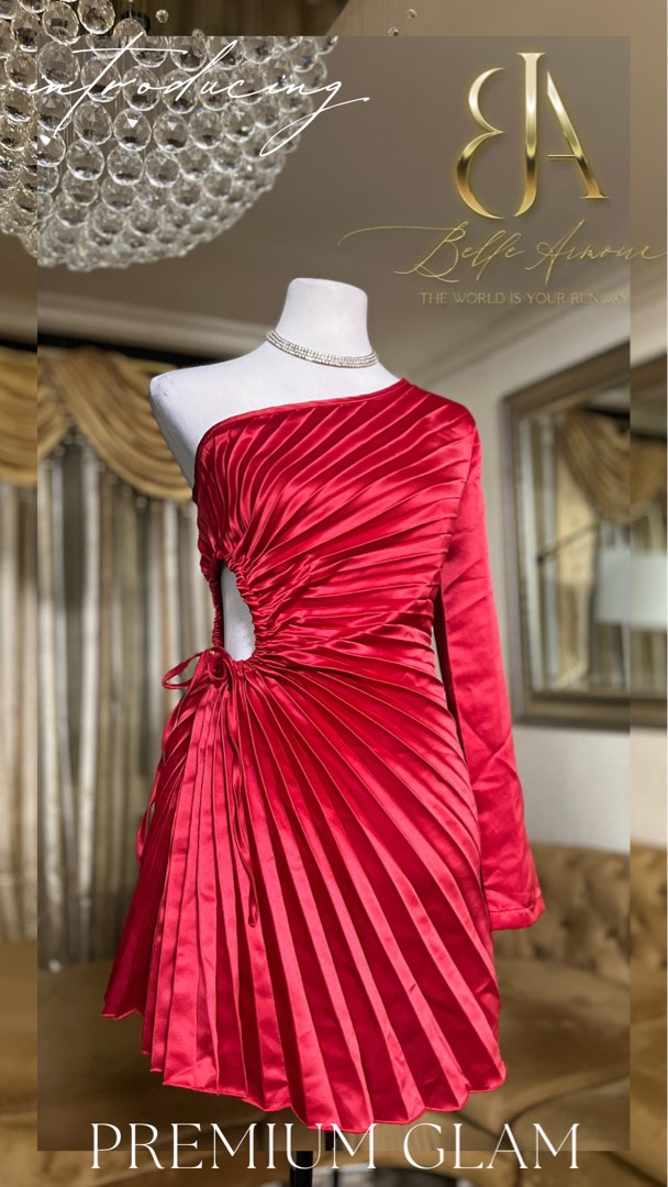 FOR SALE RUBY RED SATIN PLEATED ELEGANT CLASSY CUT OUT WAIST DRESS ...