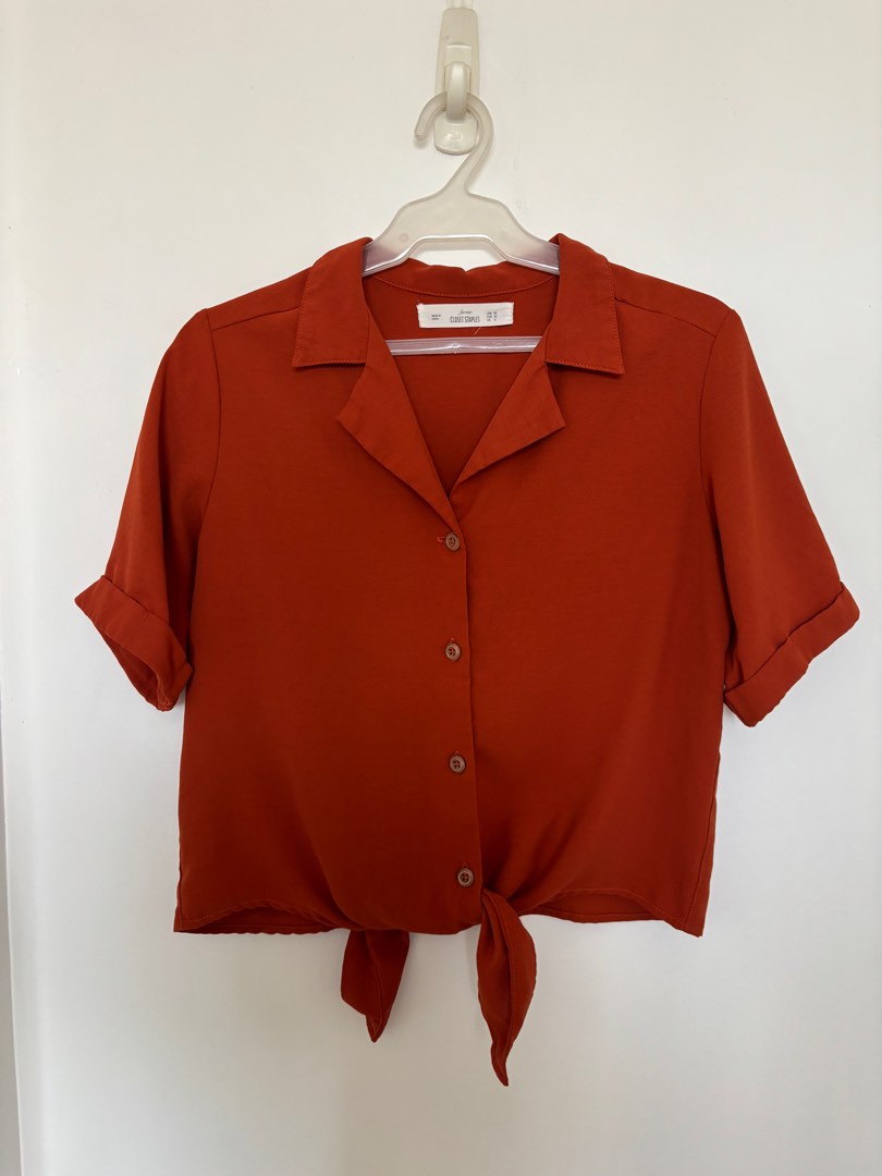Forme burnt orange open collar blouse with front tie, Women's Fashion ...