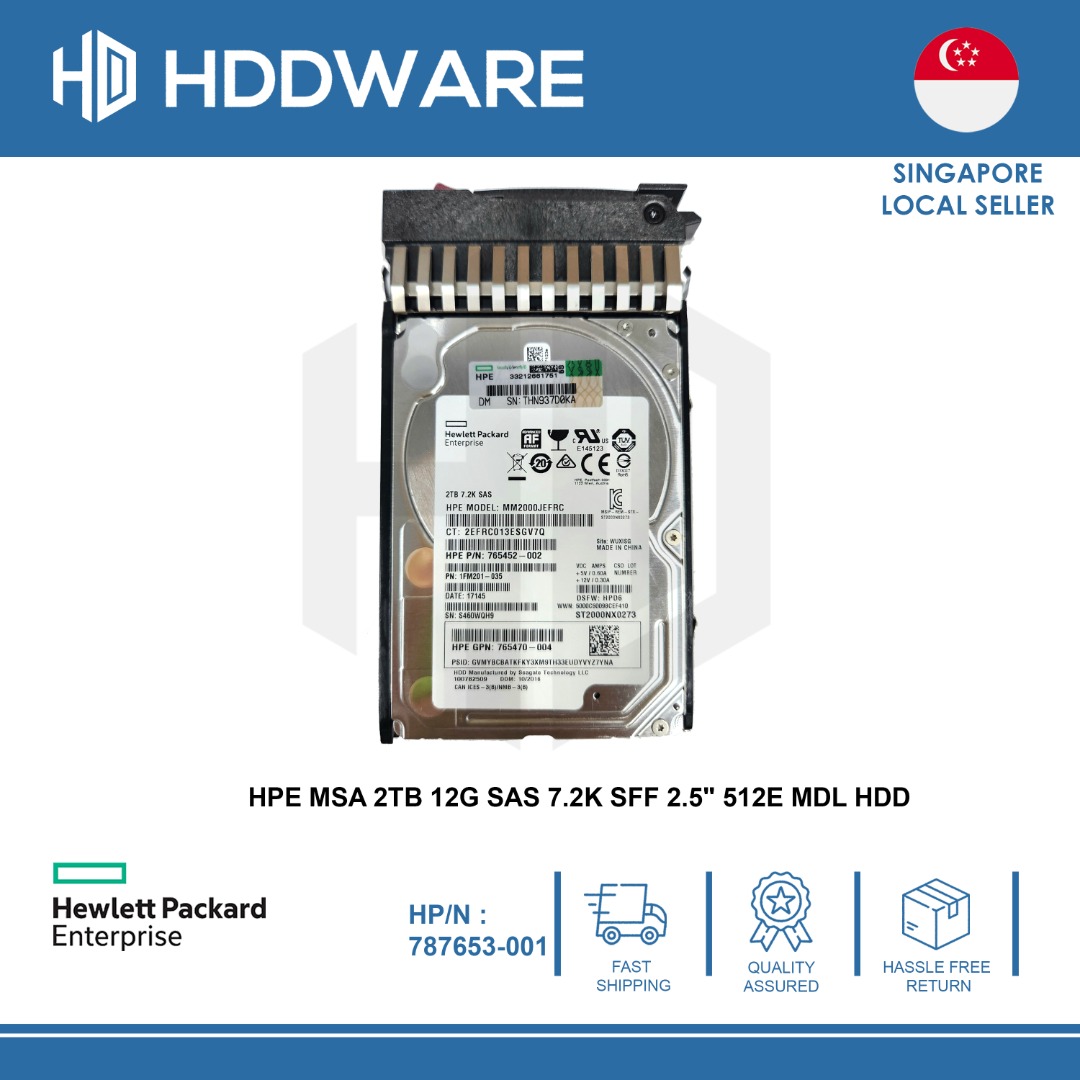 HPE MSA 2TB 12G SAS 7.2K SFF 2.5" 512E MDL HDD // 787653-001 // J9F51A ...