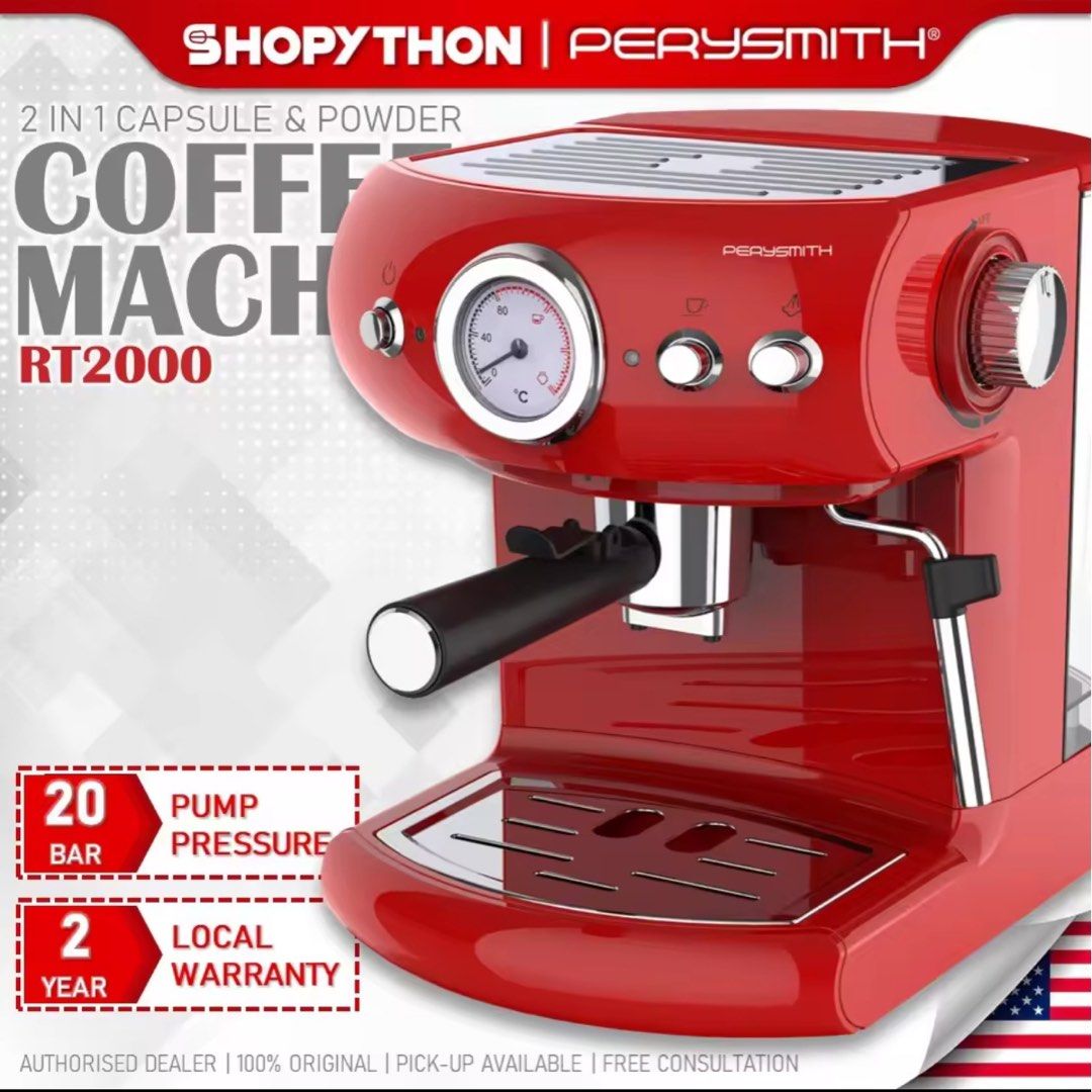PERYSMITH Coffee Machine RT2000 (1.5L/1050w) Retro Espresso Maker 2 in ...