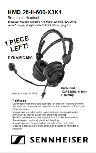 SENNHEISER HMD 26-II-600-X3K1 Dynamic Broadcast Heatset, Audio ...
