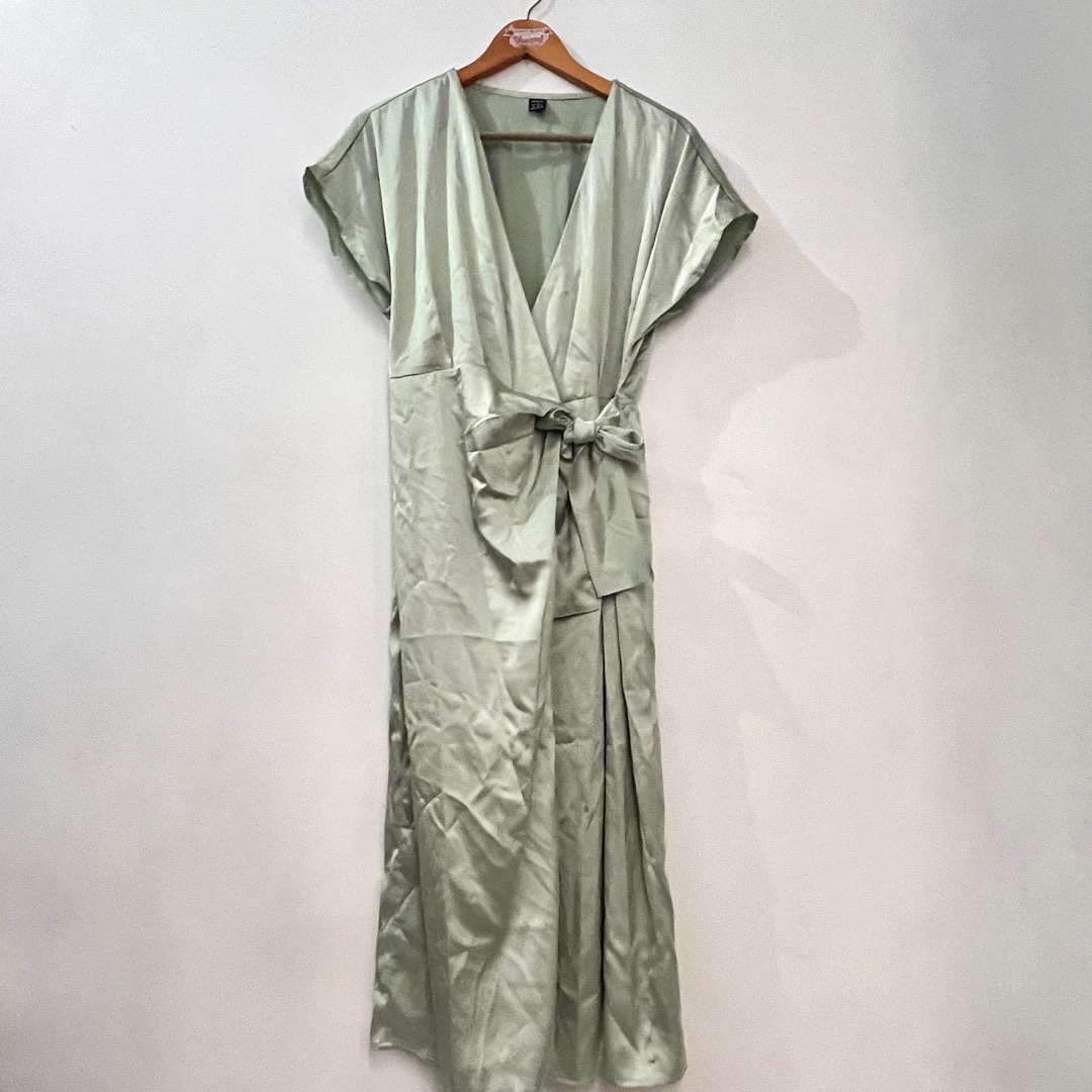 SHEIN Light Green Silk Wrap Around Dress, Women's Fashion, Dresses ...