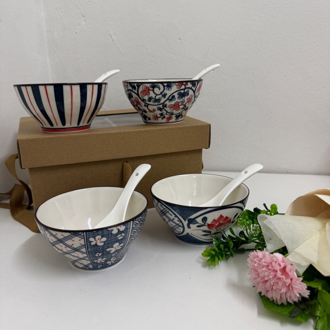 SS15 courtyard Japanese ceramics flower bowl set of 4 with 4 spoon ...