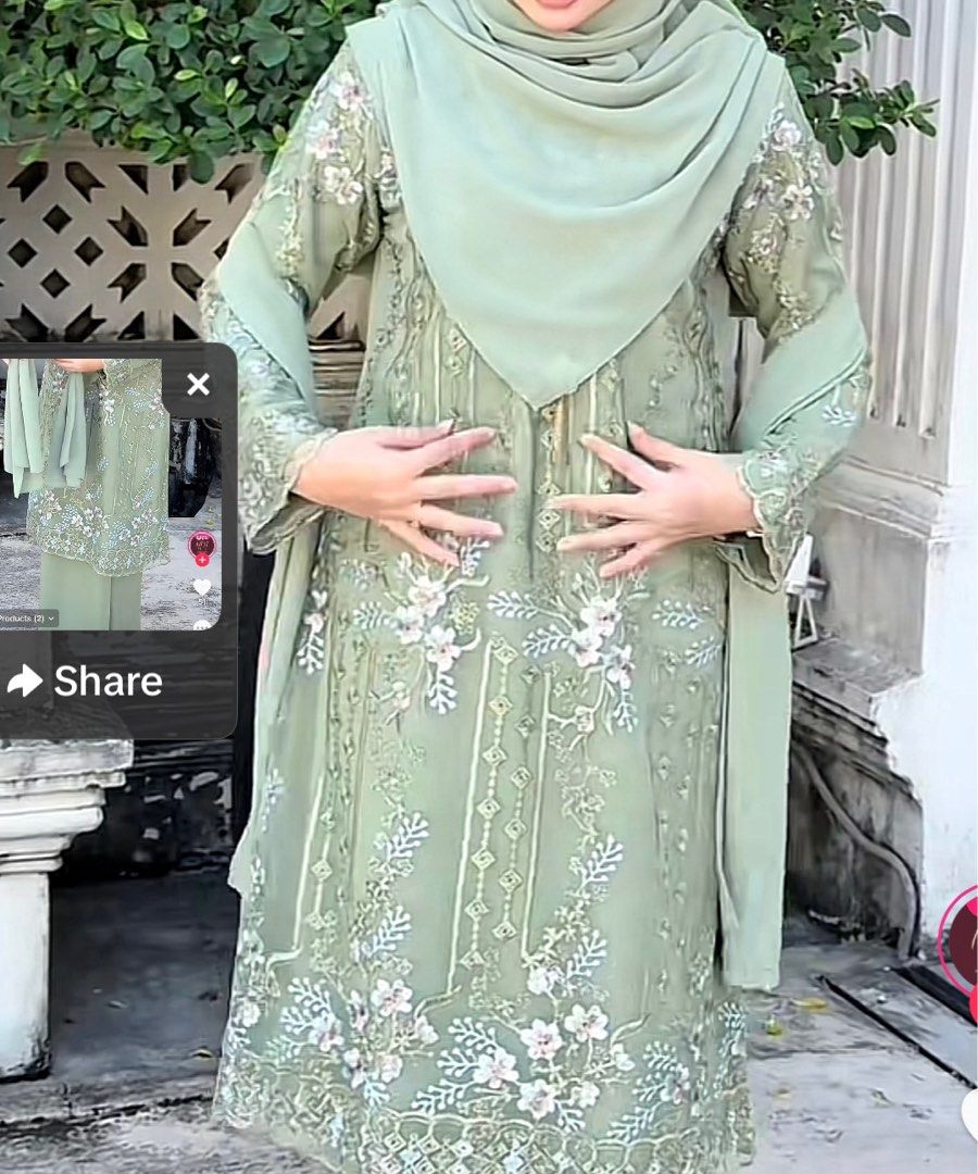 wts baju kurung raya 2025 lace modern sage green, Women's Fashion ...