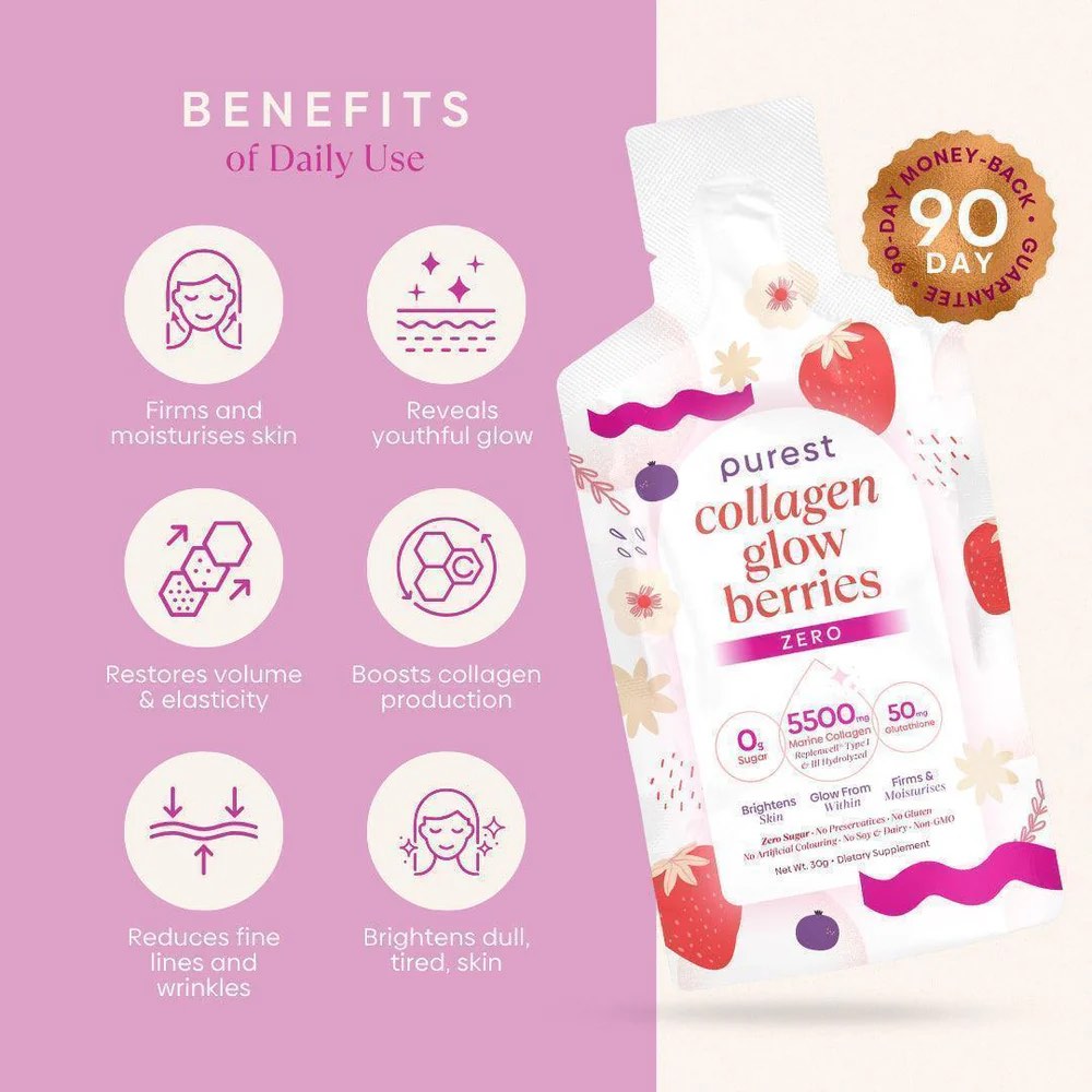 SOLD 28 Sachets Purest Co Collagen Glow Berries [Zero Sugar], Health ...