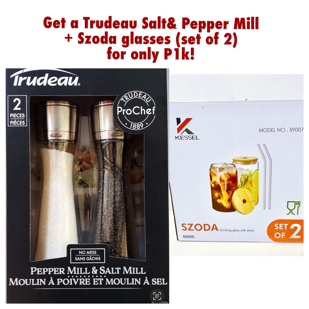 Trudeau Pro Chef Salt & Pepper Mill + Ssoda glasses w/glass straws ...