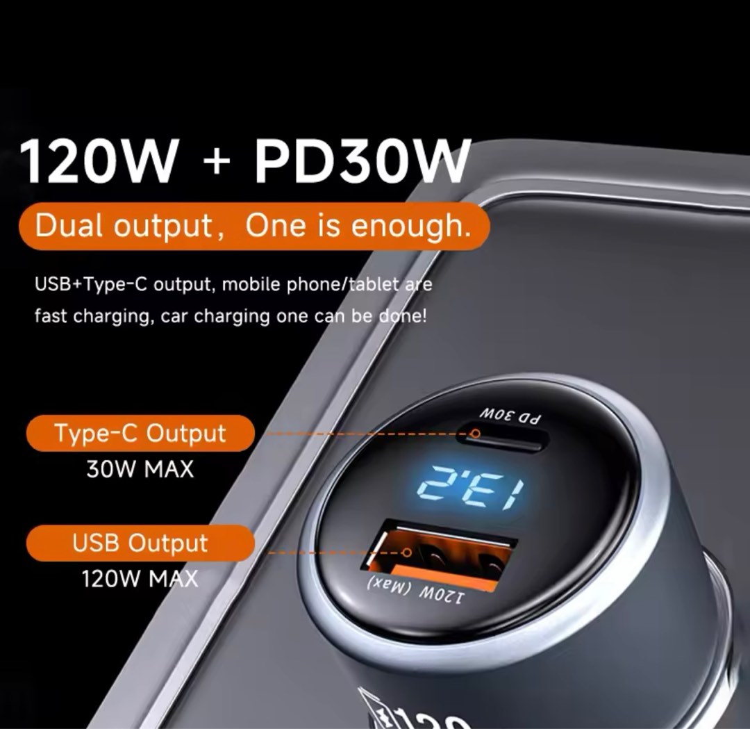 Cigarette USB 120W Type A and Type C Charger, Car Accessories ...