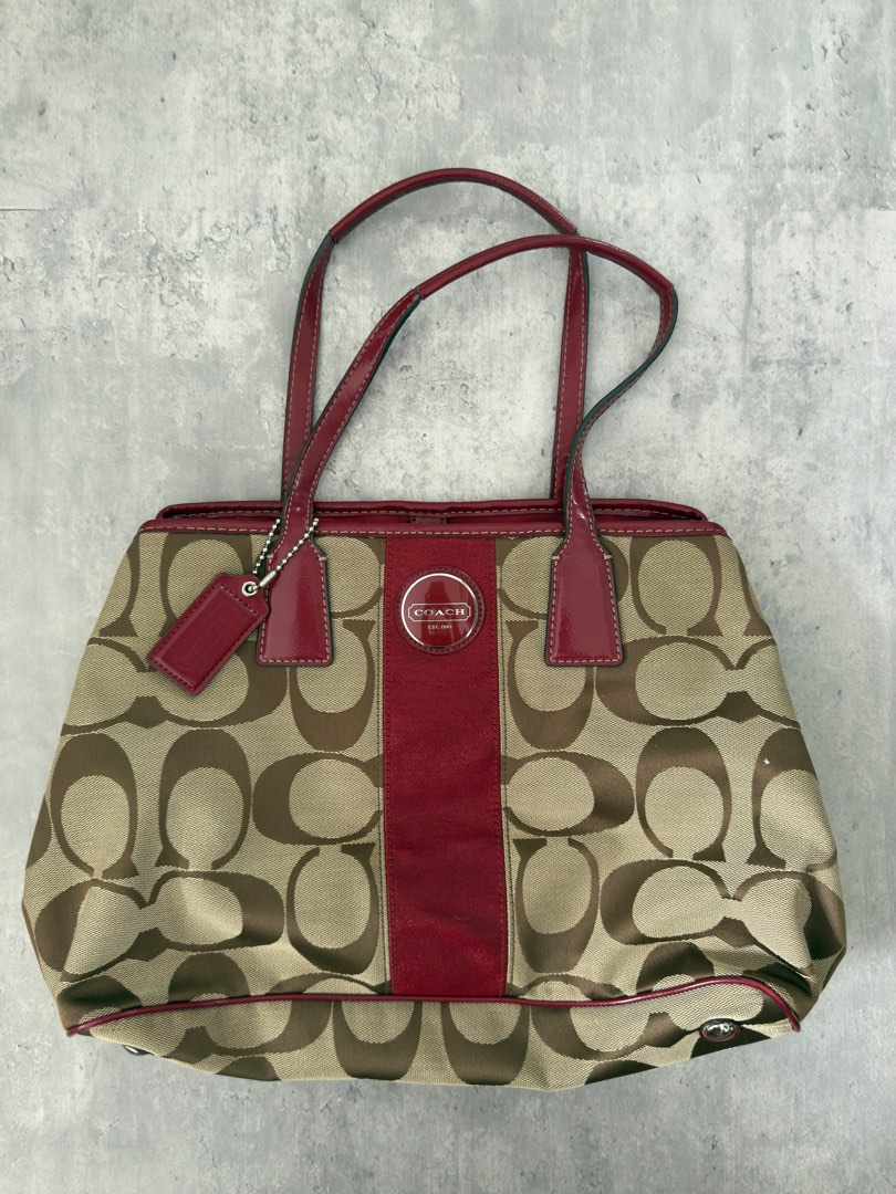 Coach Signature Denim Shoulder Bag Beige/Red, Luxury, Bags & Wallets on ...