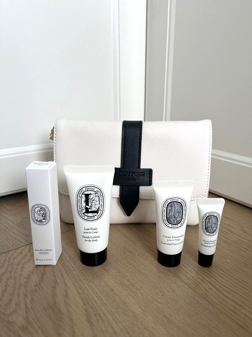 Diptyque Travel Bag with Body Cream, Face Cream, Lip Balm and Perfume ...