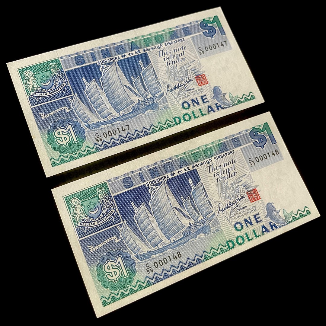 LOT 1987 SINGAPORE SHIP 1 DOLLAR C/99 000147-48 P-9 CIRCULATED > SHA ...