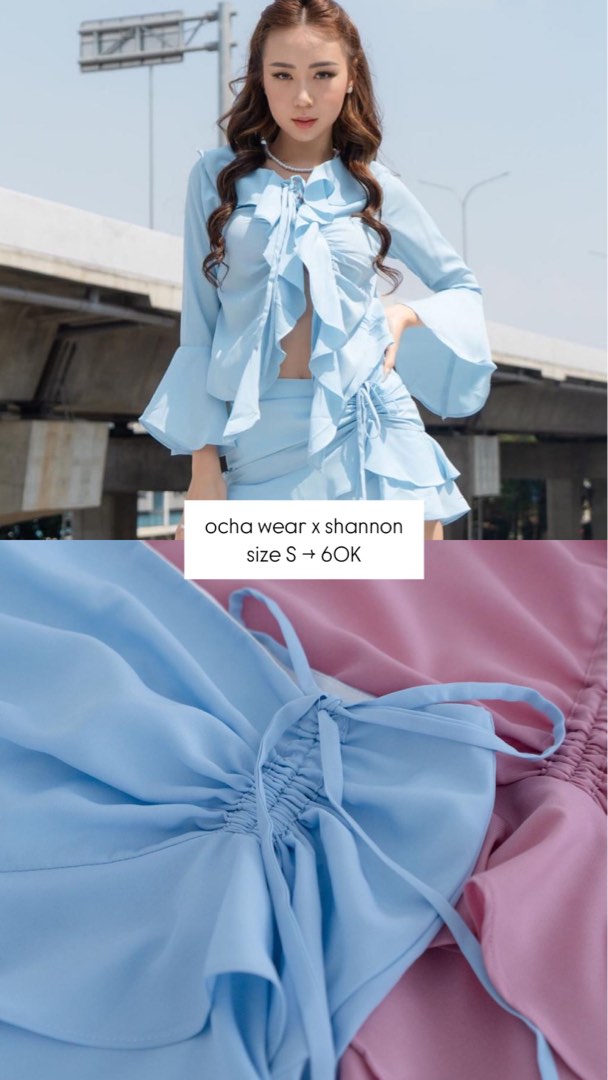 Ocha Wear X Shannon Baby Blue Flare Top, Fesyen Wanita, Pakaian Wanita ...