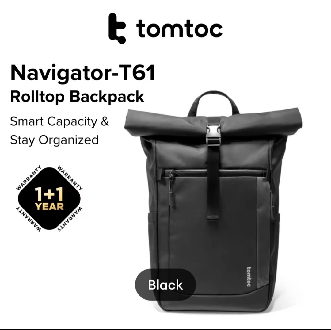 tomtoc navigator t61 rolltop backpack black, Men's Fashion, Bags ...
