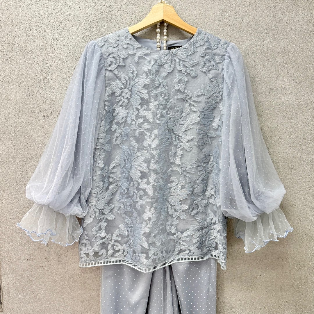 Zalia Baju Raya Kurung Kedah in Dusty Blue, Women's Fashion, Muslimah ...