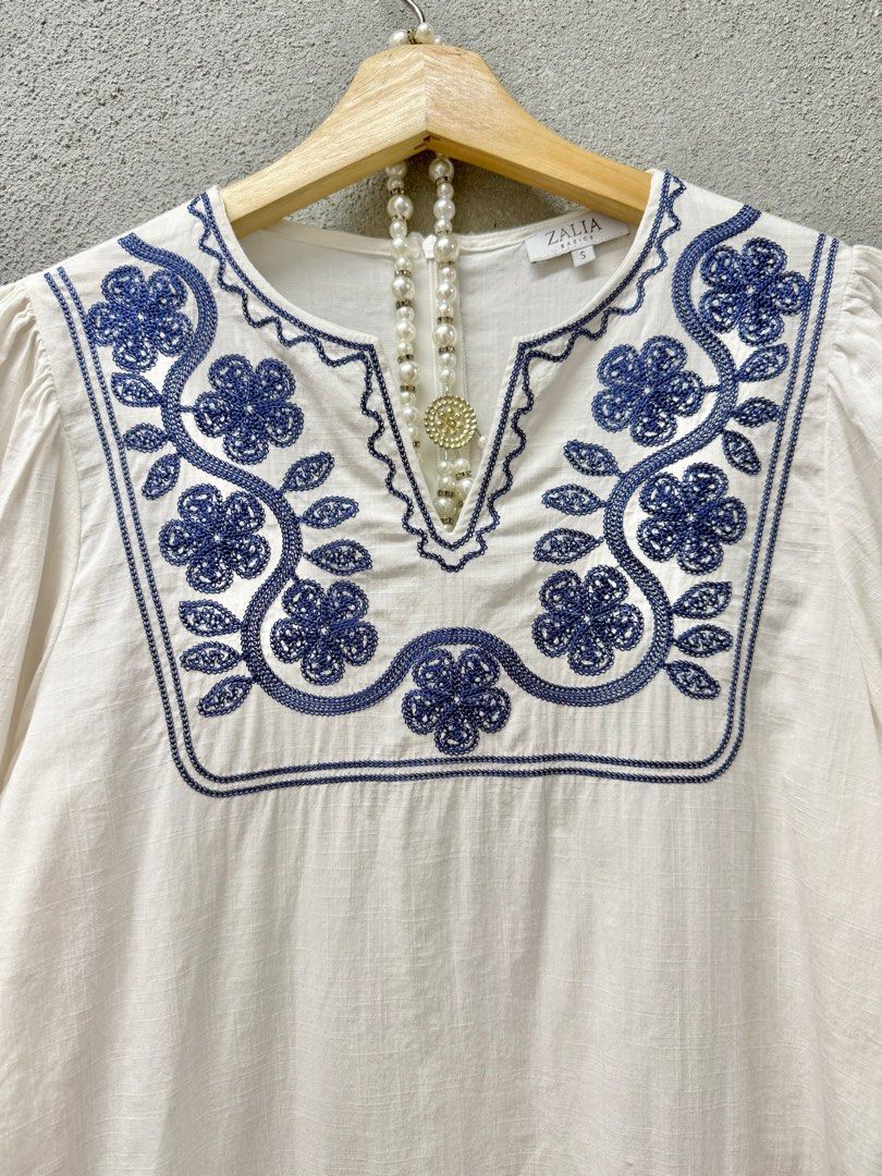 Zalia Basics Baju Raya Cotton Sulam Off White / Blue, Women's Fashion ...