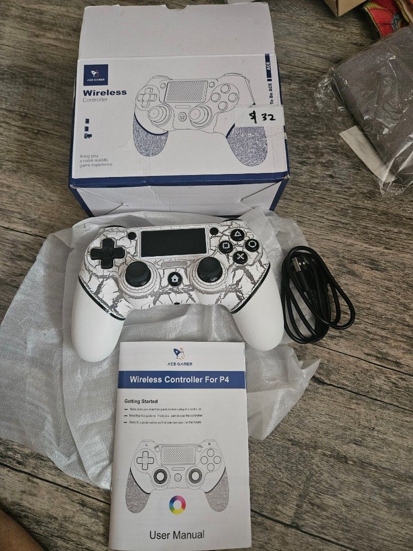 AceGamer Wireless Controller for PS4, White Crack Custom Design with ...