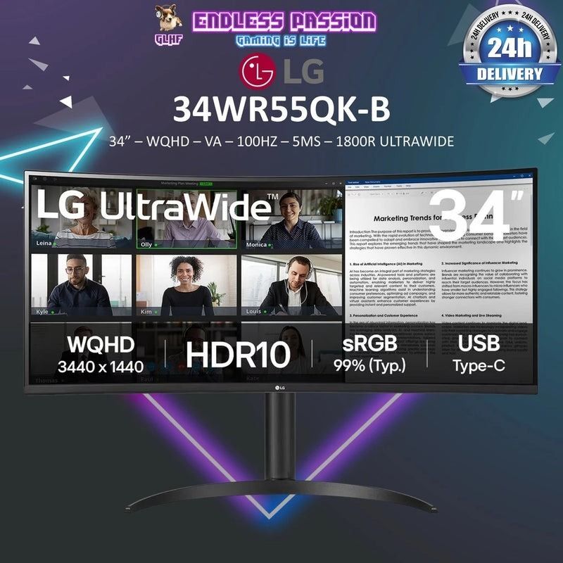 LG 34WR55QK-B — 34" WQHD VA 100Hz Curved Monitor with 65W Type C PD ...
